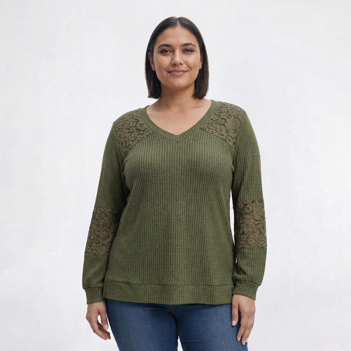 Click here for Plus Size Absolutely Famous V Neck Lace Brushed Wa... prices